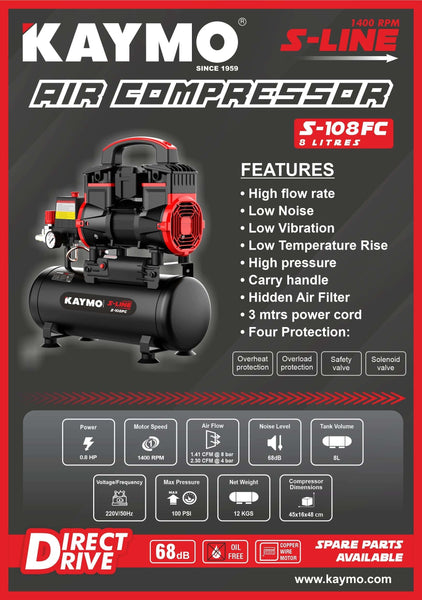 AIR COMPRESSOR KAYMO S-108FC 0.8HP 8LTR OILFREE-COPPER 1400 RPM - Kaymo ...